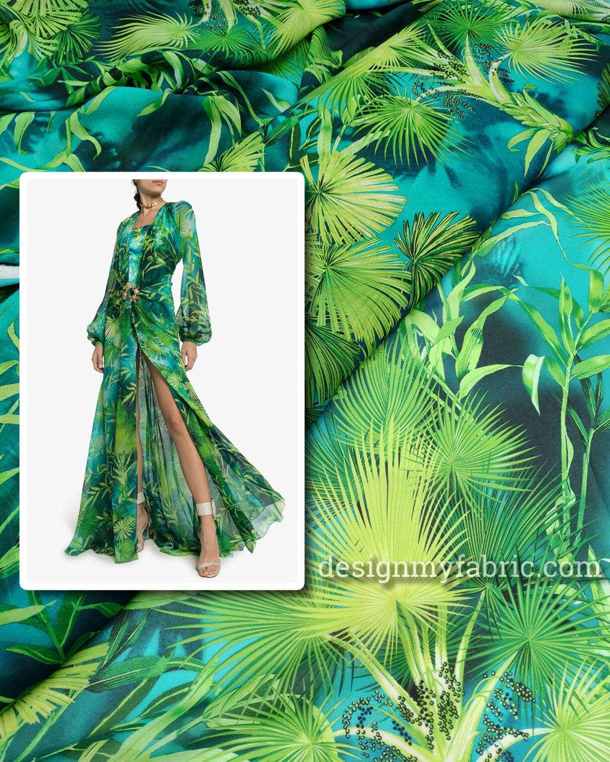 Green leaf jungle chiffon fabric #50010 #50772 - Design My Fabric