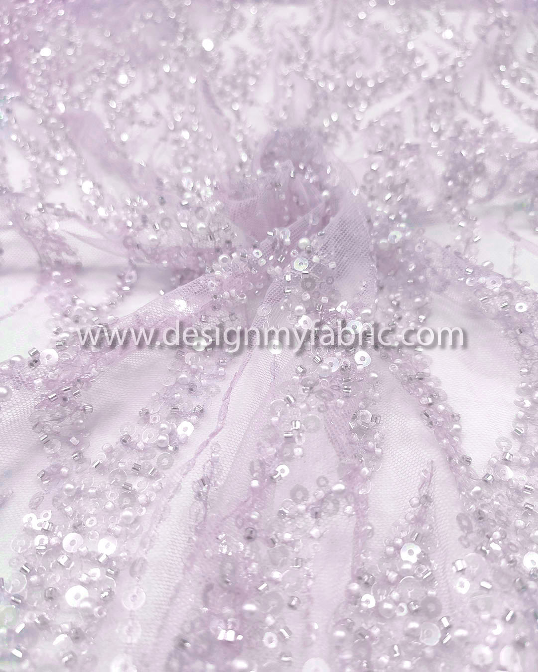 Light purple sequined and pearls lace fabric #50696 - Design My Fabric