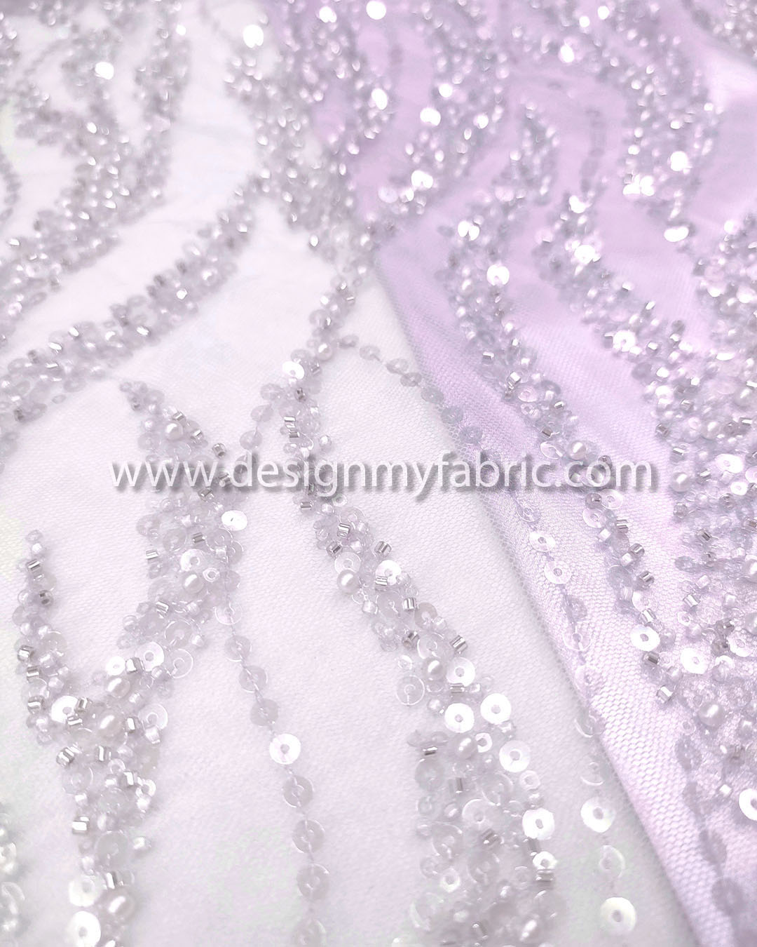 Light purple sequined and pearls lace fabric #50696 - Design My Fabric
