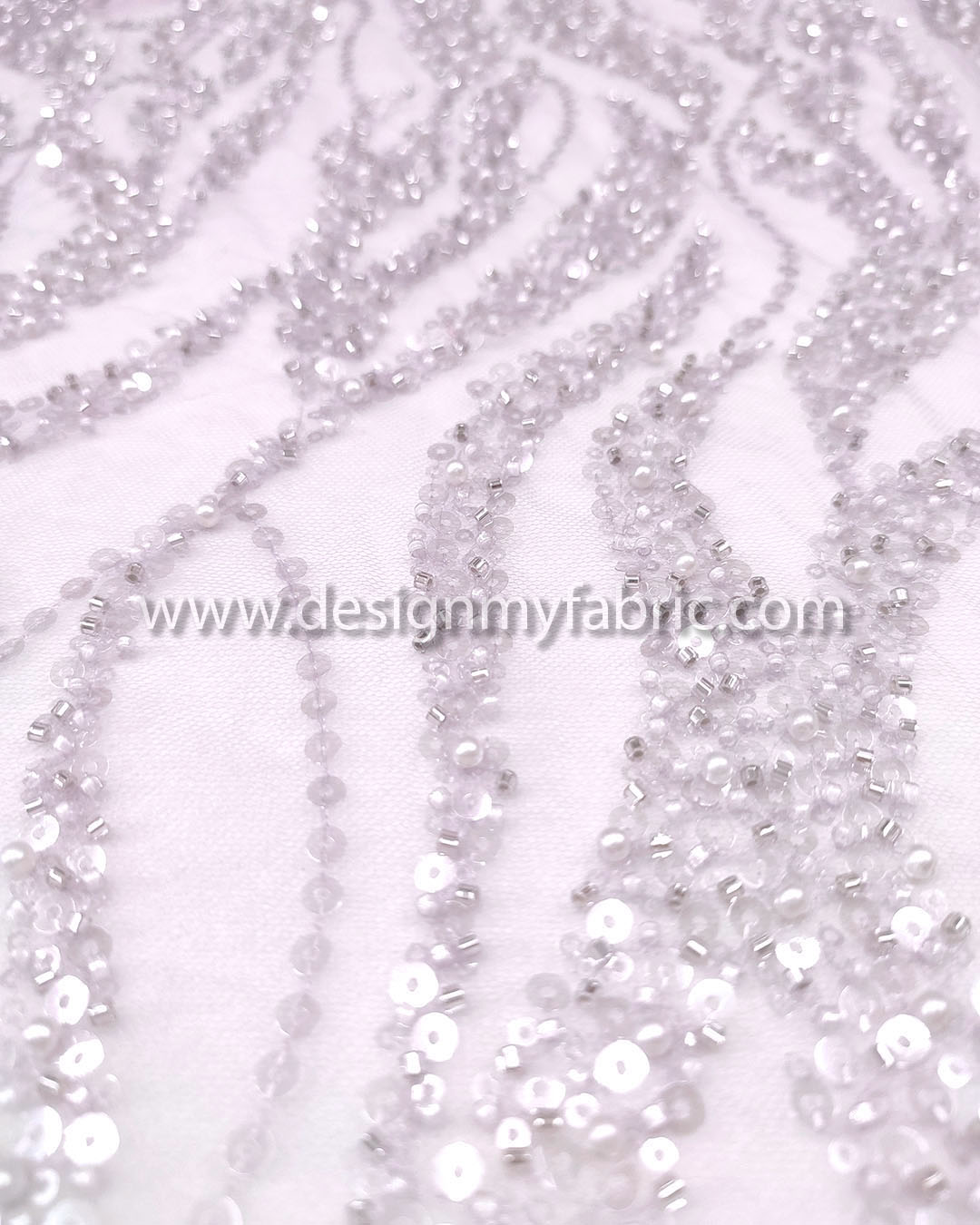 Light purple sequined and pearls lace fabric #50696 - Design My Fabric