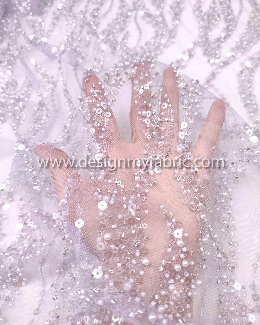 Light purple sequined and pearls lace fabric #50696 - Design My Fabric