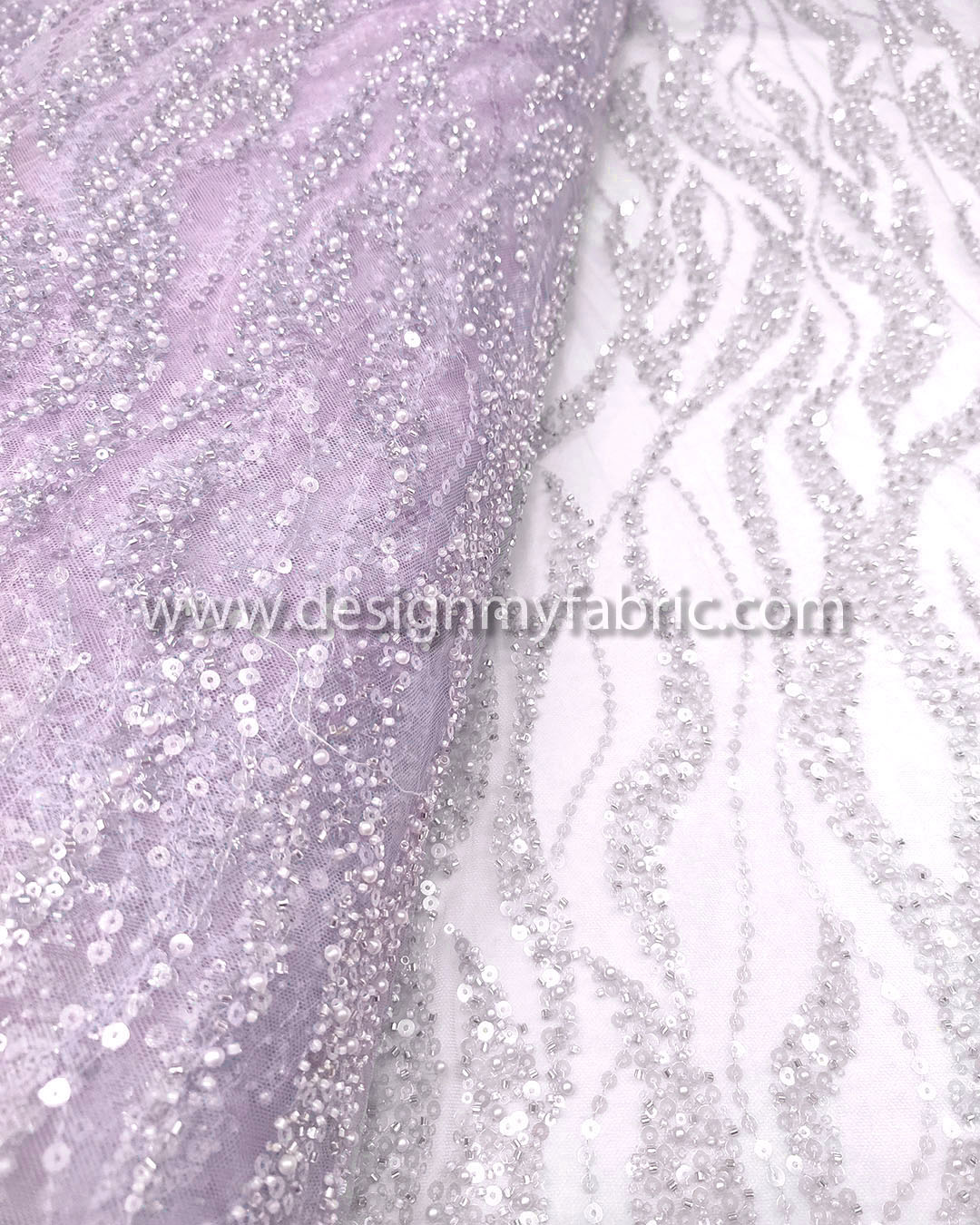 Light purple sequined and pearls lace fabric #50696 - Design My Fabric
